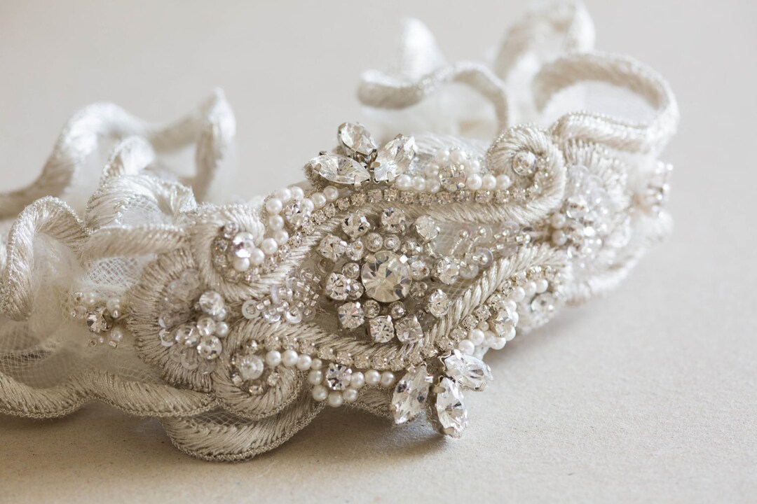 Beaded Wedding Garter Set on Ivory Tulle Fabric With Swarovski and ...