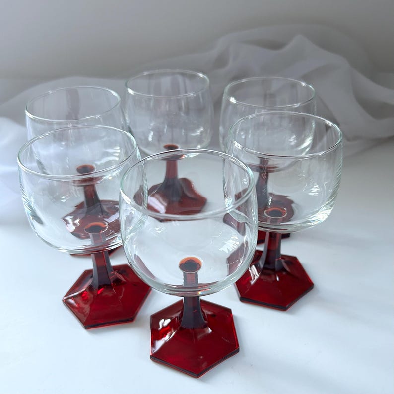 Vintage Luminarc Wine Glasses: Deep Ruby Red Hexagonal Base. Set of 6 ...