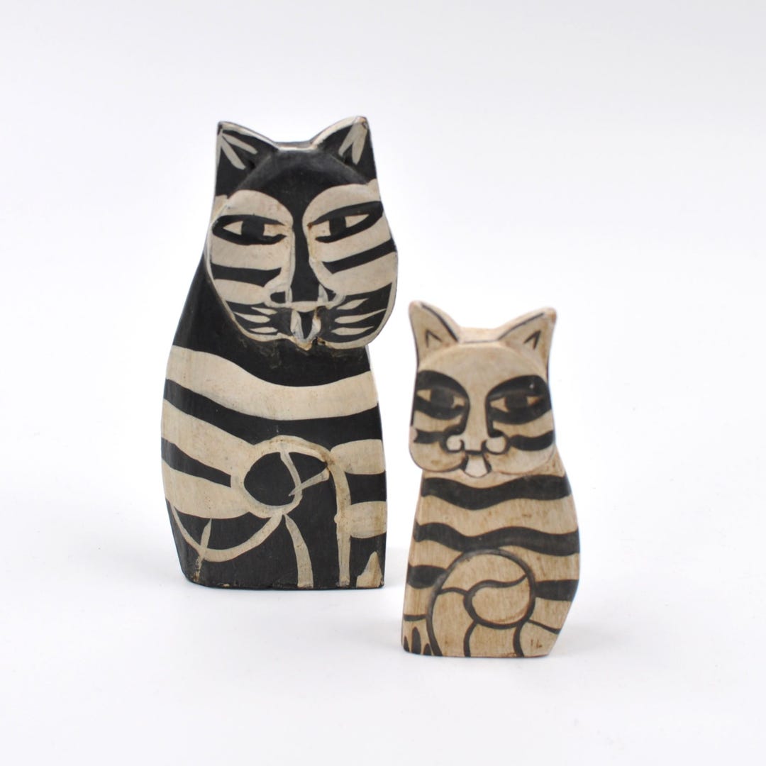 Laurel Burch Style Cats - Set of 2 - Carved Wood Cat Figurine - 80s - Etsy
