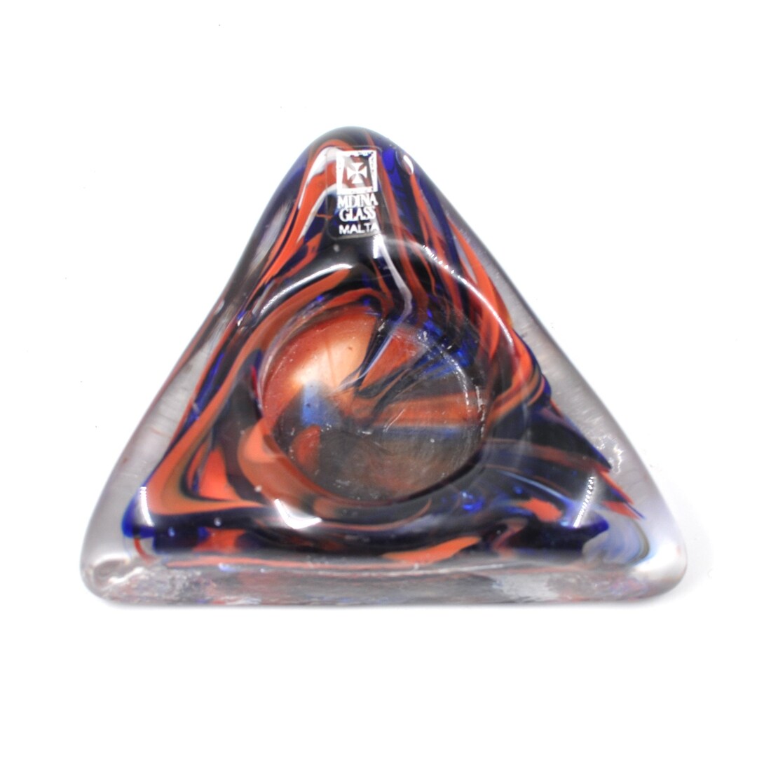 Mdina Crystal Blue & Orange Swirl Candle Holder - Triangle Art Glass ...