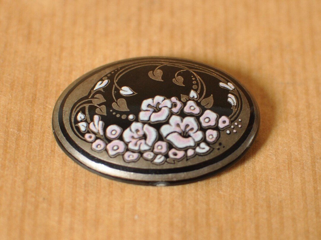 Michaela Frey Brooch Pink Flowers With Gold Leaves on Black Background ...