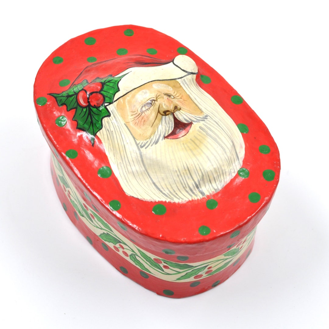 Vintage Christmas Box Papier Mache 3D Santa Trinket or Jewellery Box ...