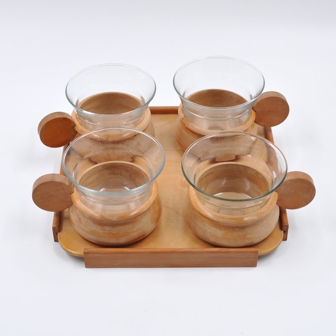 Jena Glass Tea Cups by Schott & Gen, Mainz With Wood Holders and Tray ...