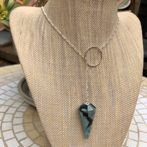 Emerald Pendulum Lariat Necklace on Sterling Silver Figure 8 Chain & Sterling Silver Ring Center ...