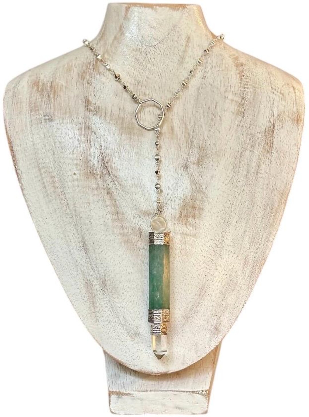 Amazonite Indian Wand Pendulum Lariat Y Necklace, Silver Disc Chain ...