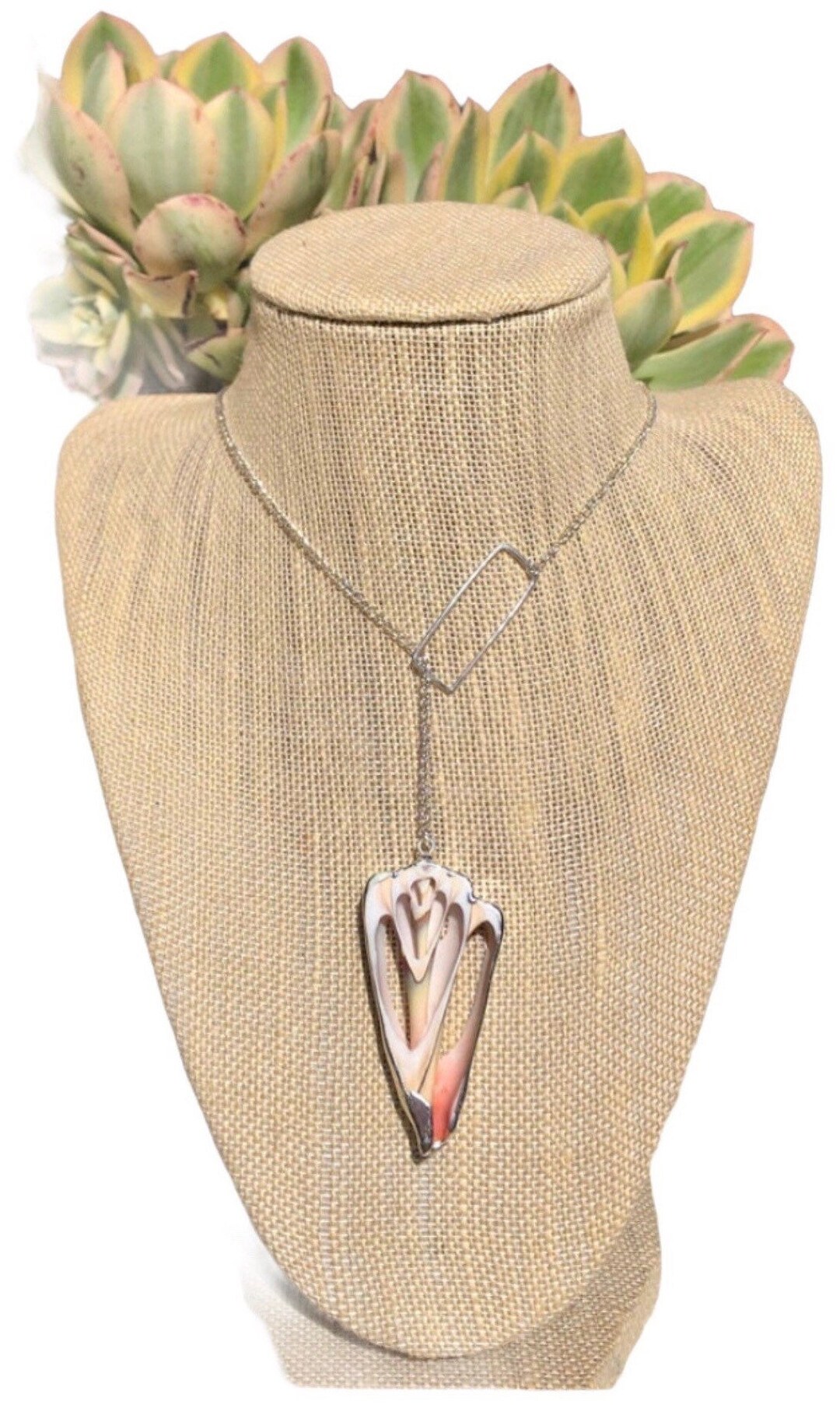 Sliced Seashell Lariat Y Necklace on Sterling Silver Rectangle Center ...