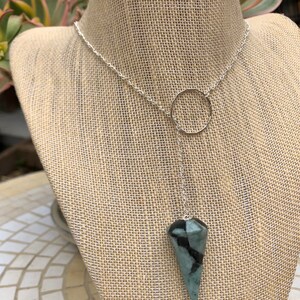 Emerald Pendulum Lariat Necklace on Sterling Silver Figure 8 Chain & Sterling Silver Ring Center ...