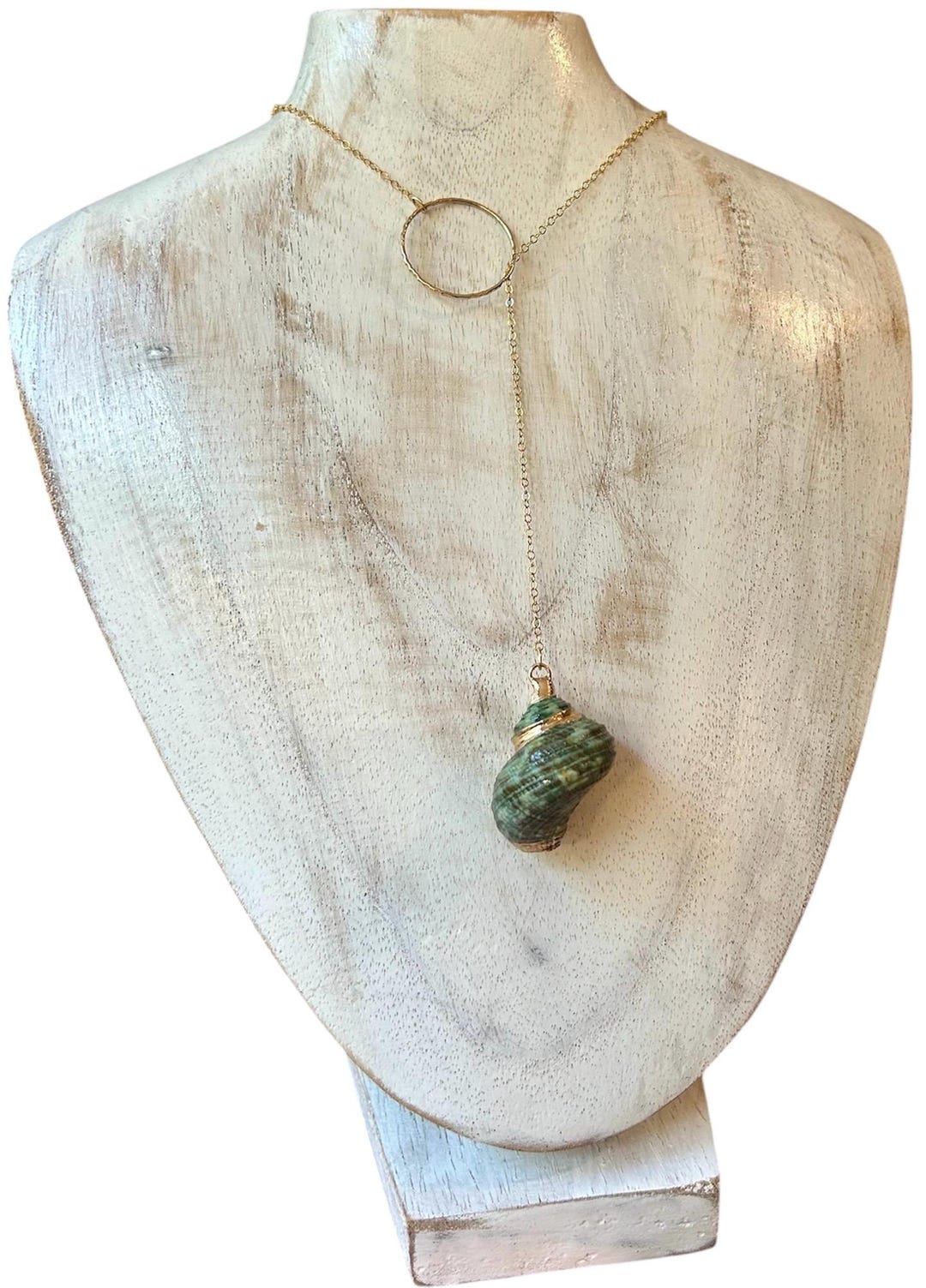 Jade Turbo Seashell Pendulum Lariat Y Necklace, 14 KGF Chain & Ring ...