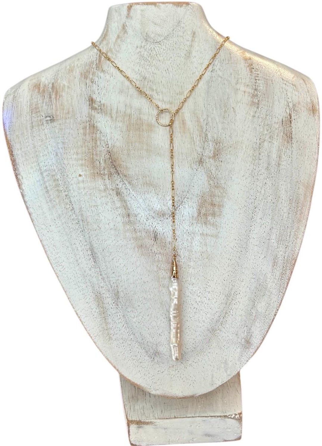 Biwa Pearl Pendulum Lariat Y Necklace, 14 KGF Long/short Chain & Ring ...