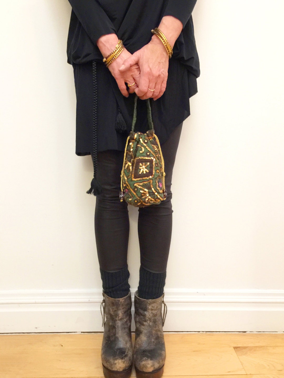 Phyllis Leibowitz Sequin Boho Hippie Drawstring Wrist Bag Green Gold - Etsy