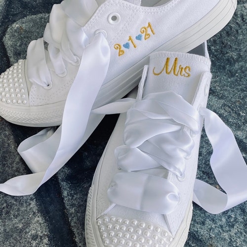 Pearl Toe Wedding Sneaker Ribbon Laces Bling Bride Shoes - Etsy