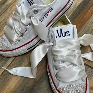 Pearl Toe Wedding Sneaker, Ribbon Laces, Bling, Bride Shoes, Wedding ...