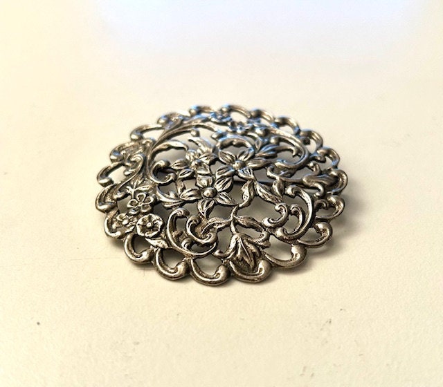 Vintage German Silver Floral Brooch - Etsy