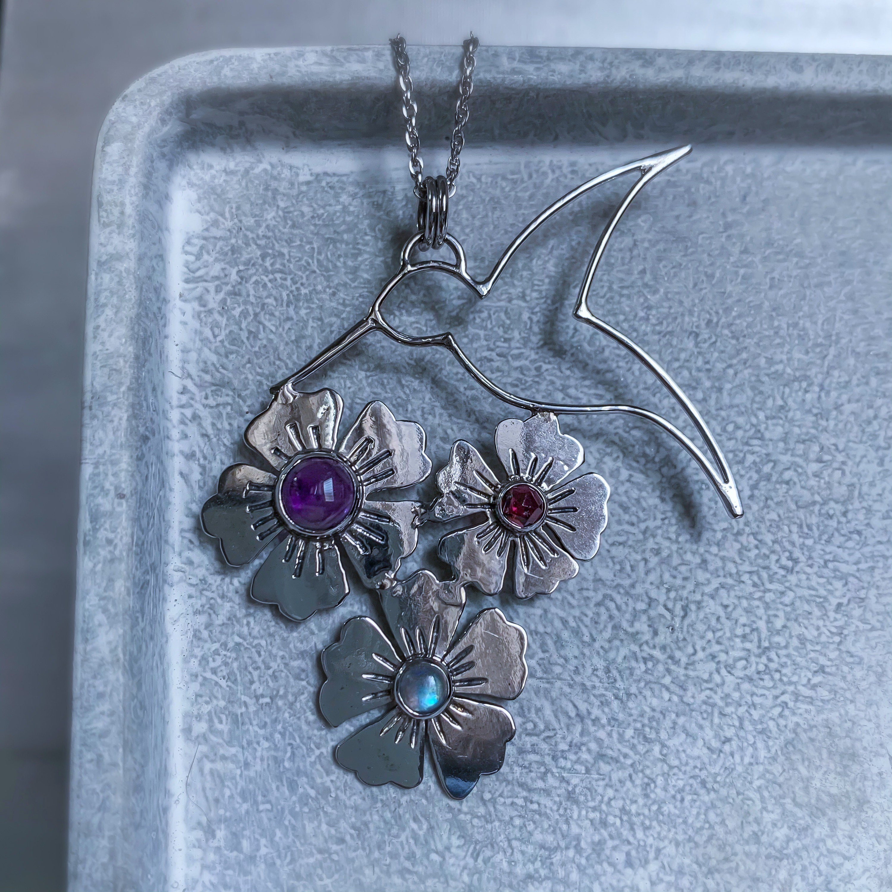 Hummingbird Necklace, Hummingbird Jewelry, Flower Necklace, Gemstone ...
