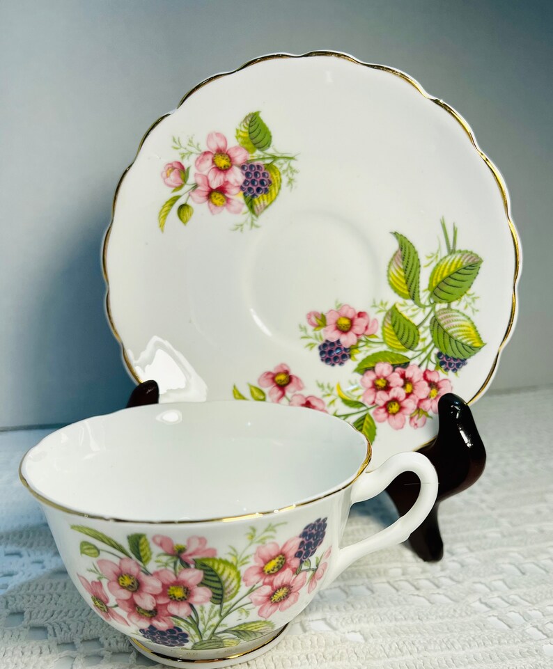 Crownford Bone China Tea, Cup and Saucer, Set, Blackberry Blossoms - Etsy