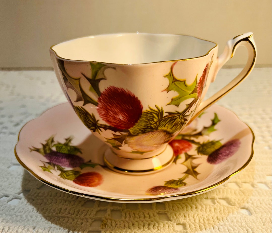 Queen Anne Dundee Thistle Teacup & Saucer English Bone China Tea Floral ...