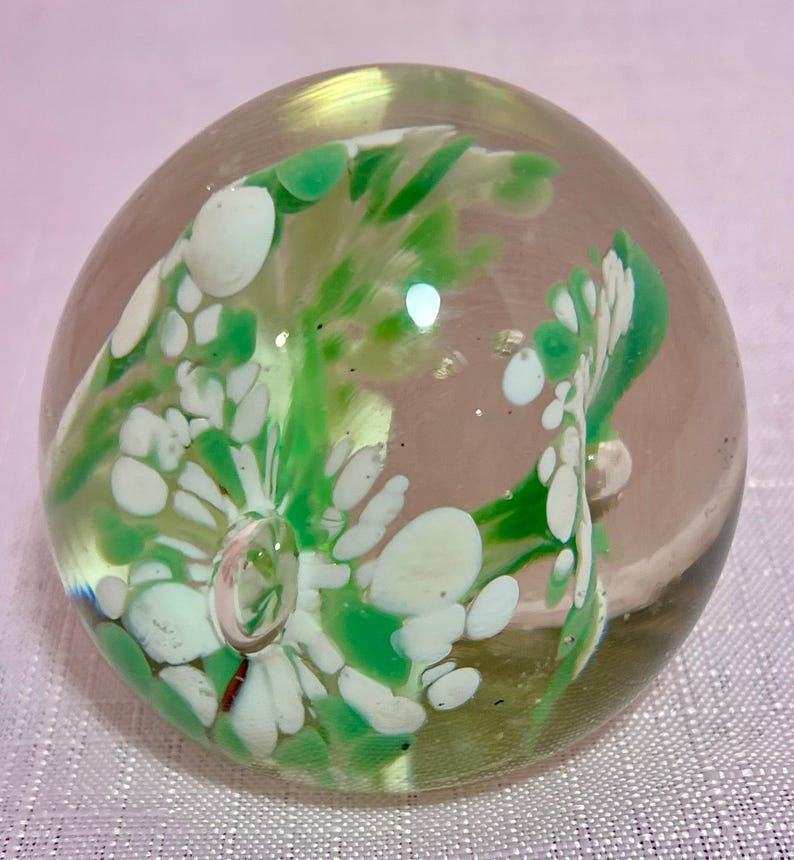 Vintage Murano Paperweight With Flowers, Green and White, Controlled ...
