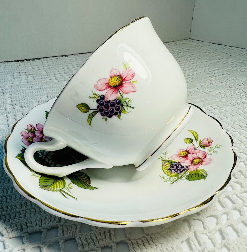 Crownford Bone China Tea, Cup and Saucer, Set, Blackberry Blossoms - Etsy