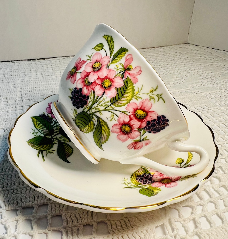 Crownford Bone China Tea, Cup and Saucer, Set, Blackberry Blossoms - Etsy