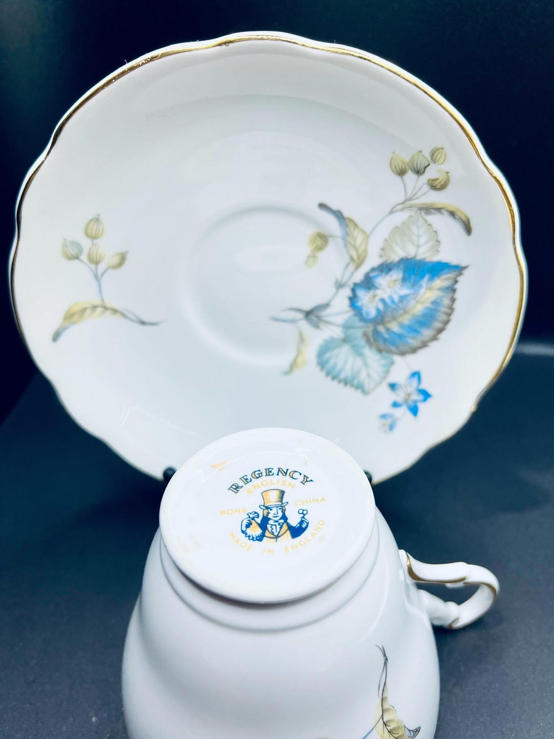 Regency Tea Cup and Saucer England Fine Bone China Large Blue Leaves ...