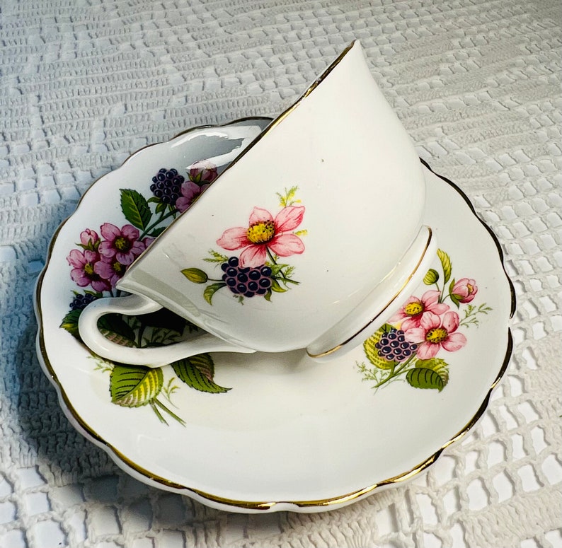 Crownford Bone China Tea, Cup and Saucer, Set, Blackberry Blossoms - Etsy