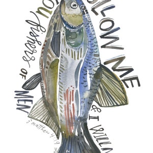 Fishers of Men Matthew 4:19 Bible Verse Fish Print Boys Room Watercolor ...