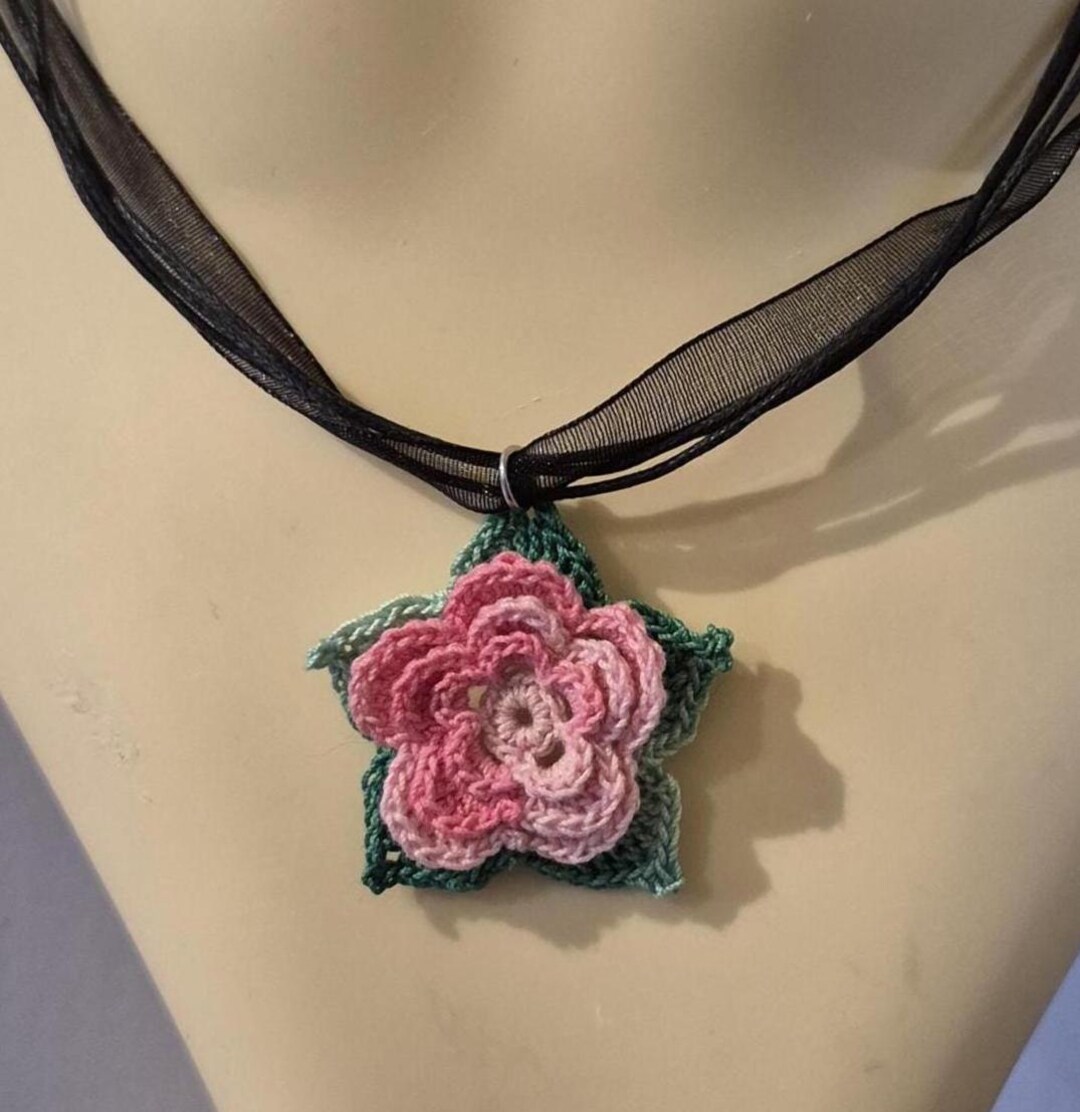 Handmade Crochet Flower Pendant, Crochet Rose Necklace, Flower Necklace ...