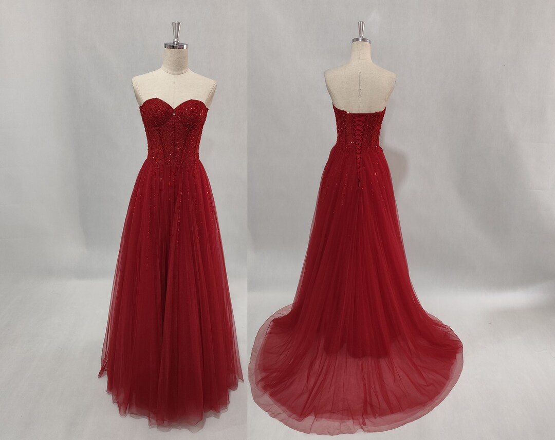 Red Long Prom Dress, Beaded Tulle Prom Dresses, Red Wedding Dress ...