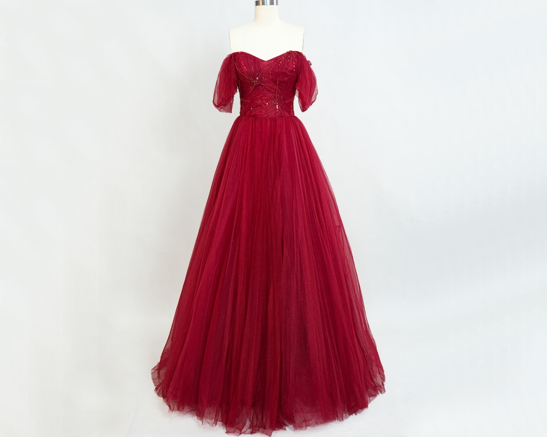Dark Red Prom Dress, Long Prom Dress, Tulle Prom Dress With off ...
