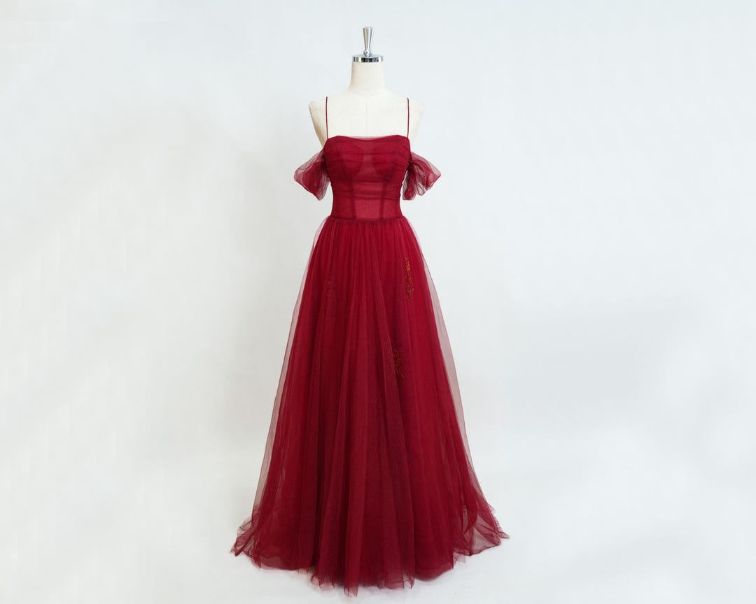 Dark Red Prom Dress With Thin Straps, Long Prom Dress With off Shoulder ...