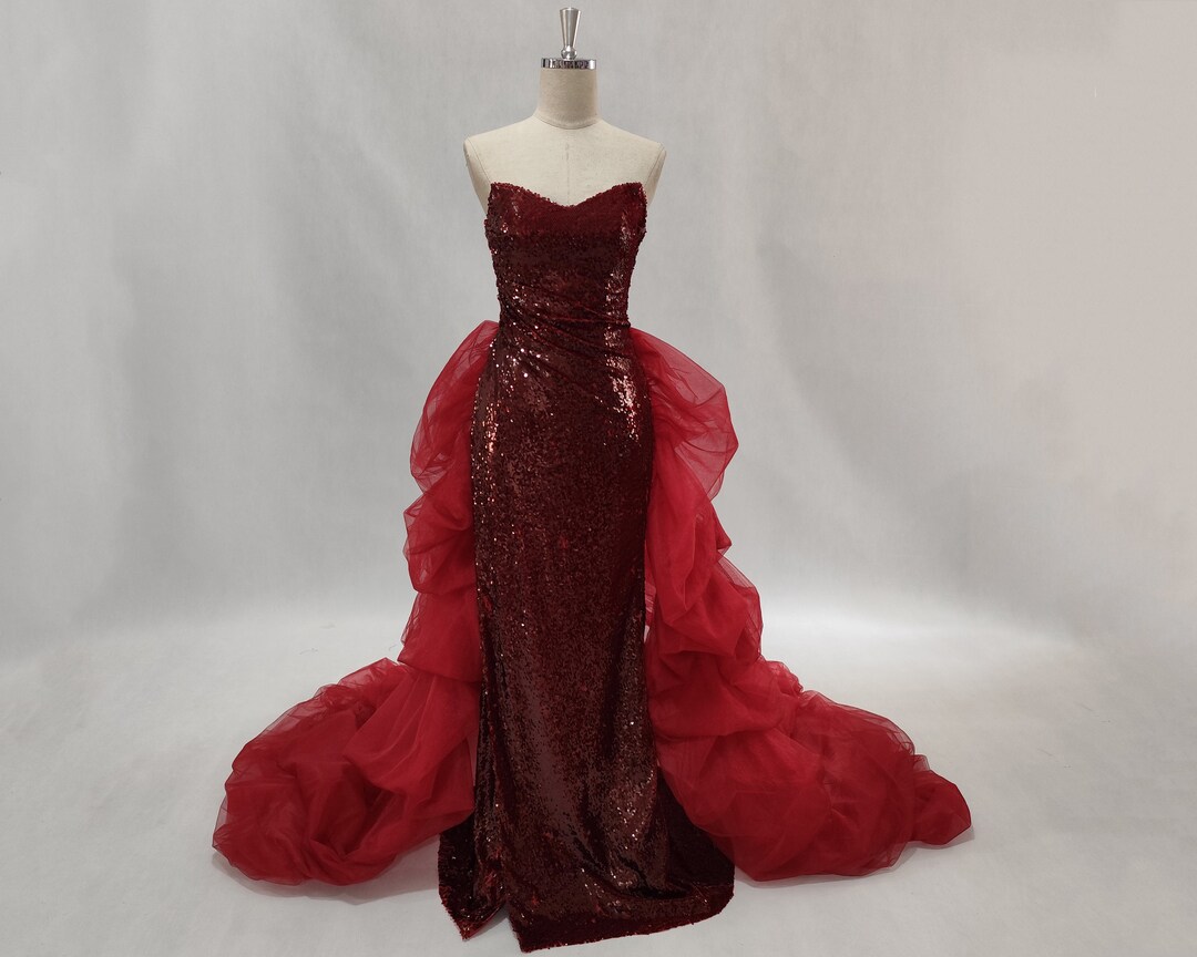 Dark Red Prom Dress With Detachable Train, Long Mermaid Prom Dress ...