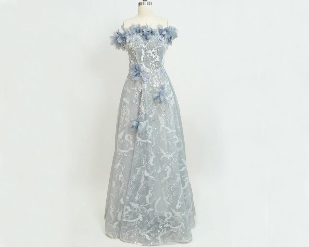 Ethereal Off-shoulder Lace Evening Gown - Sequined & Floral Embellished ...