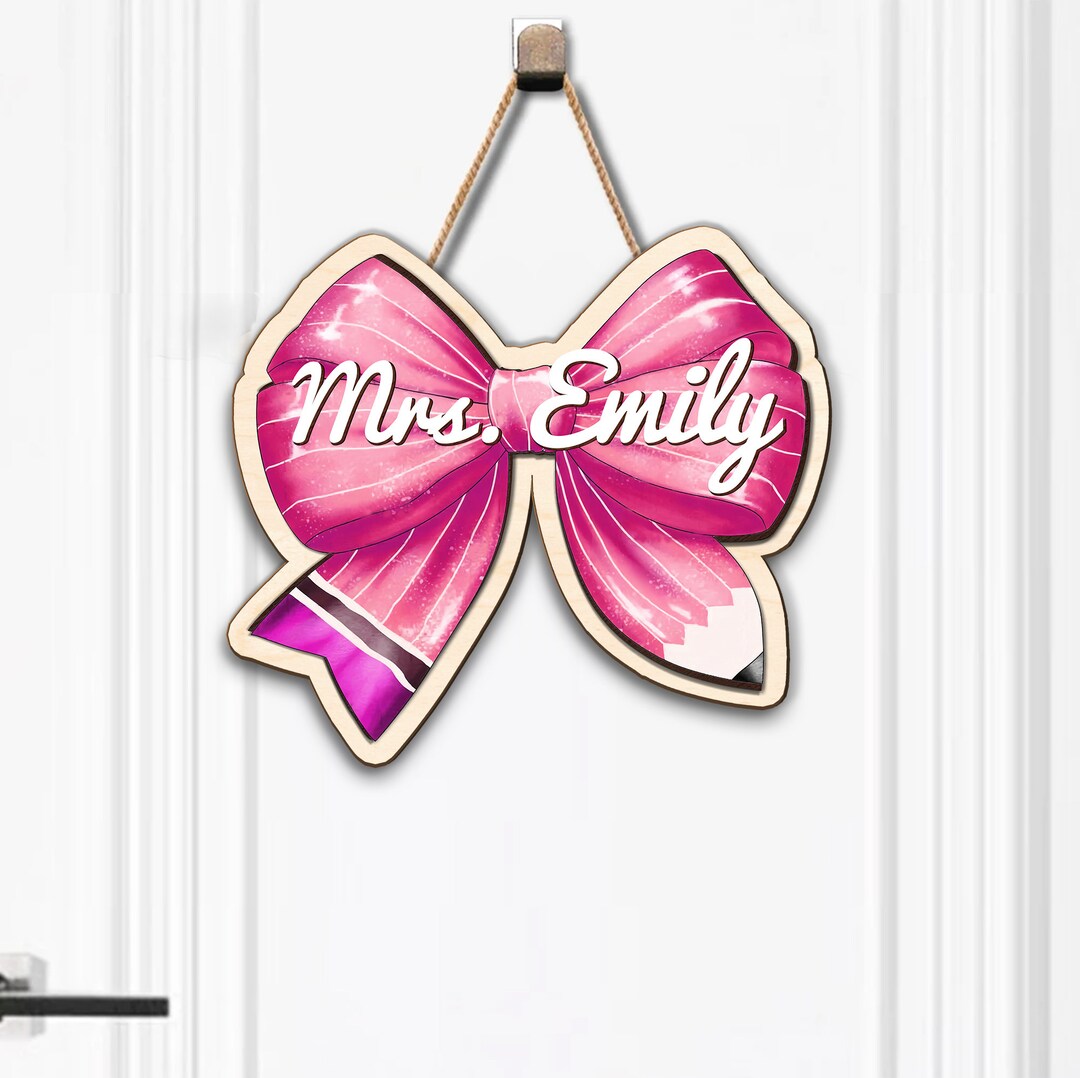 Personalized 3D Pencil Bow Classroom Door Hanger, Custom Coquette Name ...