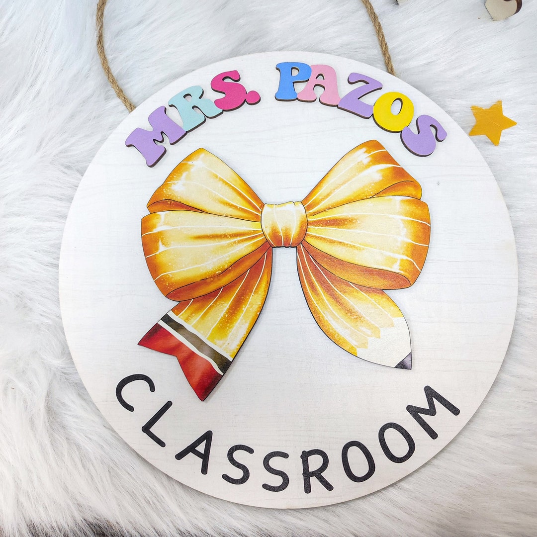 Custom Teacher Name Pencil Bow Classroom Door Hanger, Personalized ...