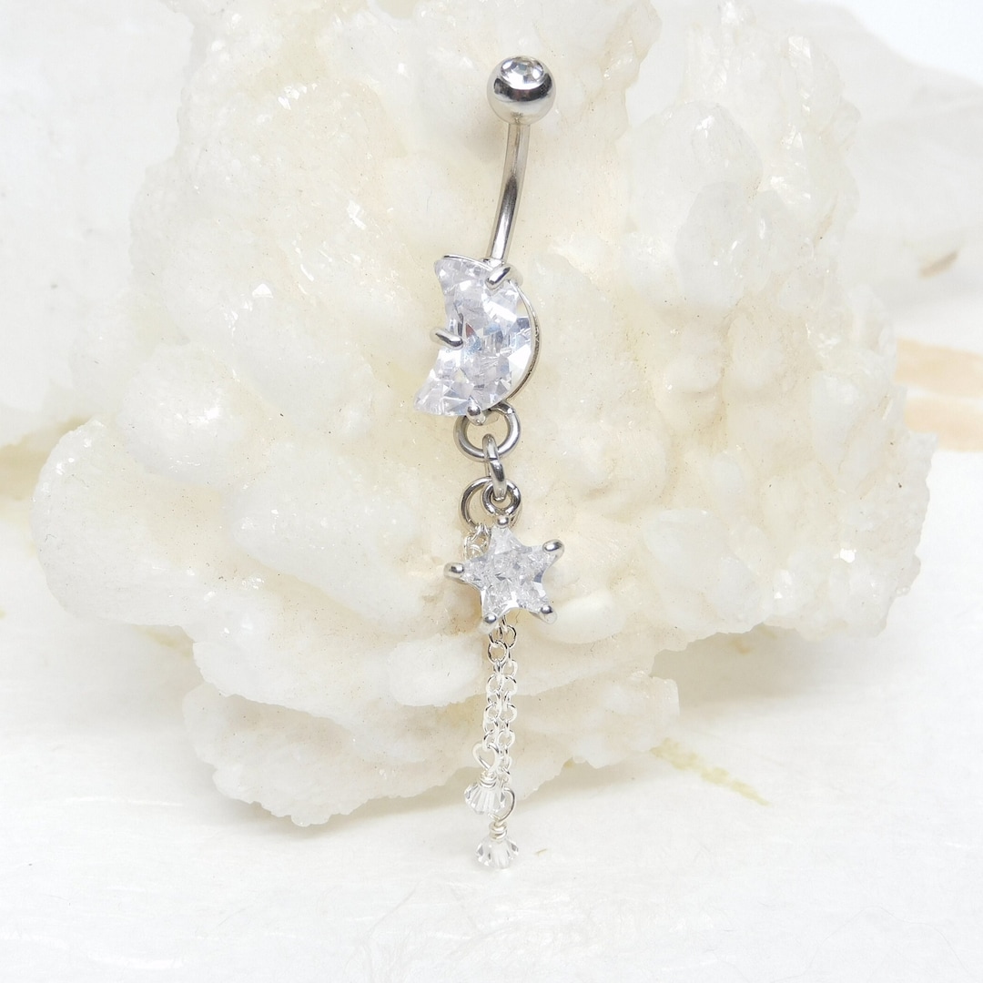 Sparkling Moon & Star Dangle Belly Ring, Celestial Belly Ring, Navel ...