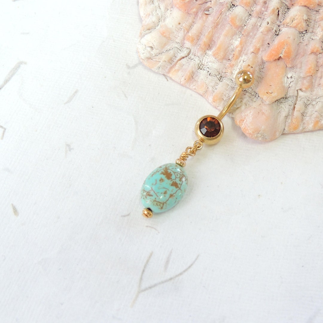Turquoise Dangle Belly Button Ring, Turquoise Belly Ring, Gold Belly ...