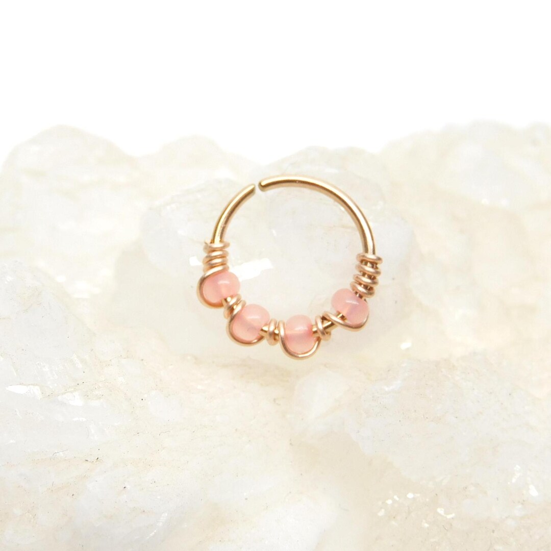 Petal Pink Rose Gold Nose Hoop Ring, Nose Ring With Beads, Cartilage ...