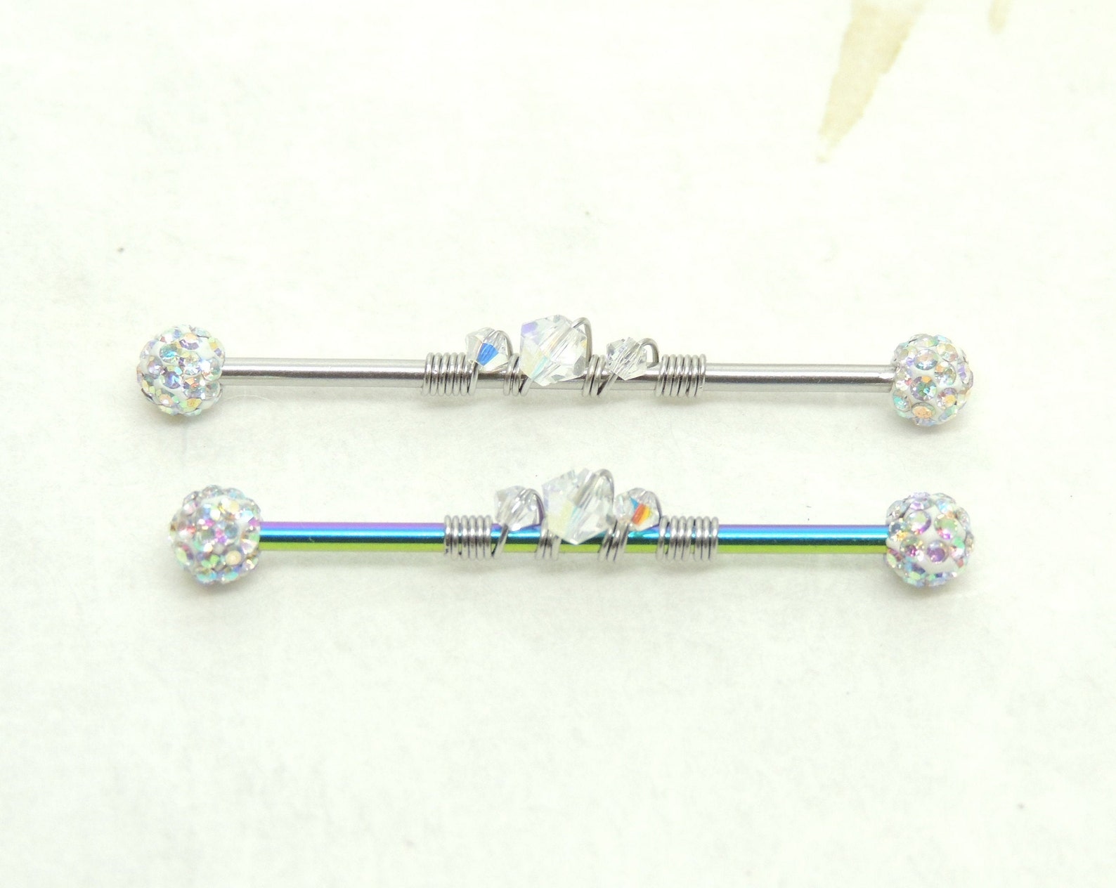 Aurora Borealis Wire Wrapped Industrial Barbell, Scaffold Ear Earring ...