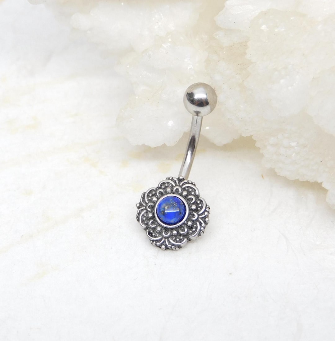 Lapis Vintage Floral Belly Ring With Custom Bar Length, Gemstone Belly ...
