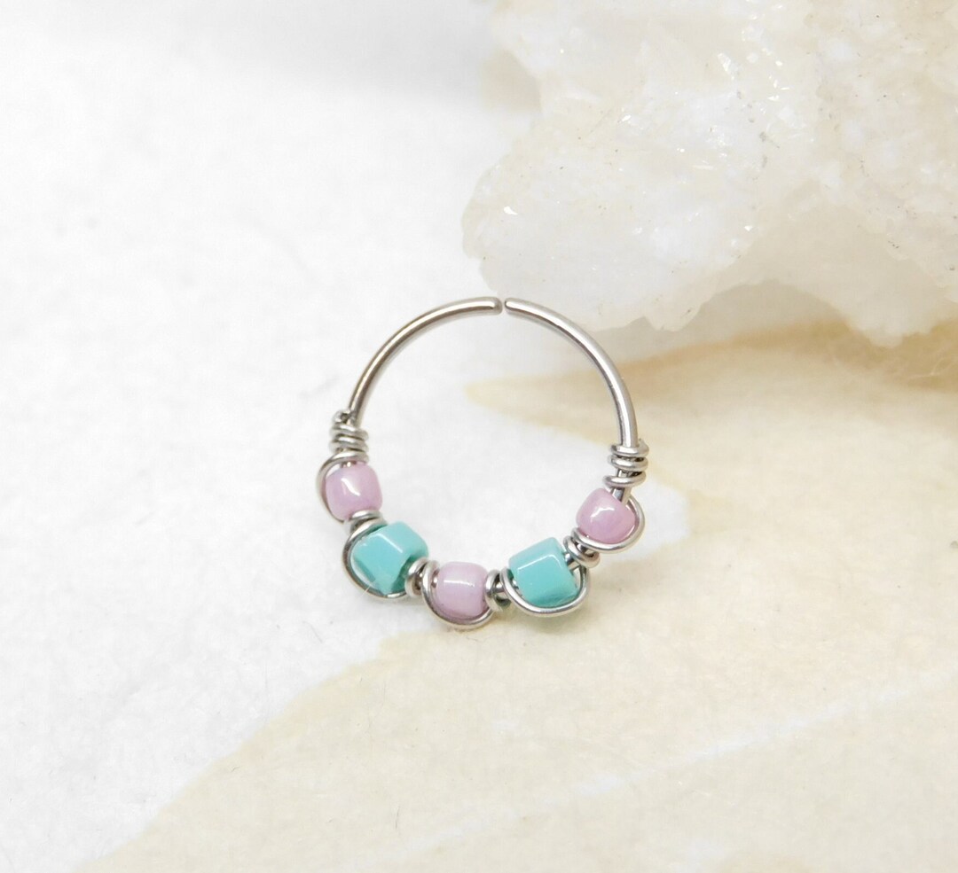 Turquoise Mauve Beaded Nose Hoop Ring, Snug Fitting Nose Hoop Cartilage ...