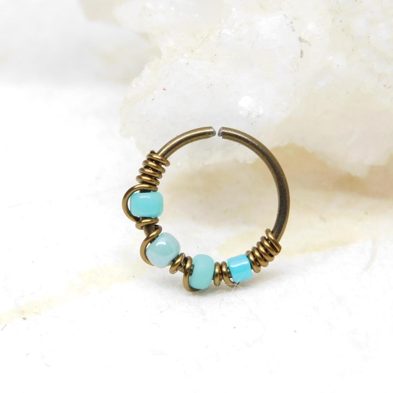 Turquoise Bronze Nose Hoop Ring, Beaded Nose Hoop, Tragus Hoop Earring ...