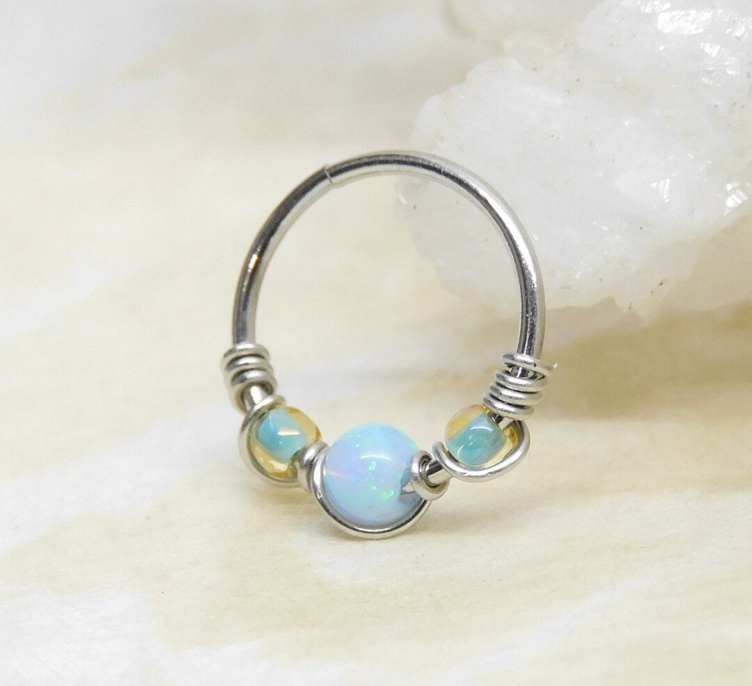 Light Blue Opal Beaded Cartilage Hoop, Septum Nose Ring Hoop, Helix ...