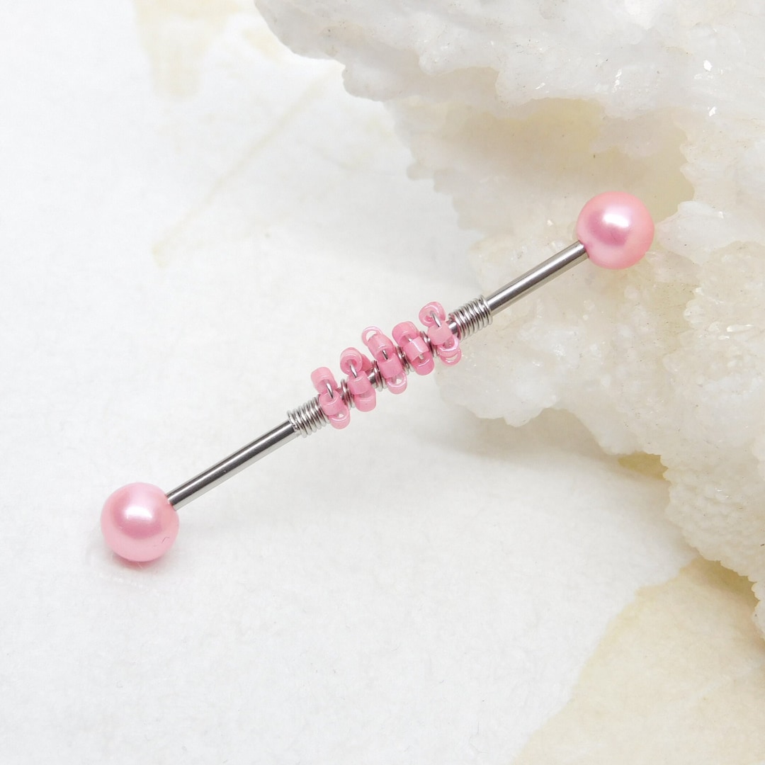 Pink Pearl Wire Wrapped Industrial Barbell, Scaffold Ear Earring ...