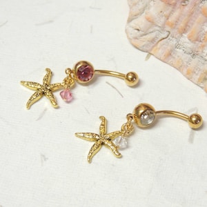 Gold Starfish Belly Button Ring, Dangle Belly Ring, Gold Belly Ring ...