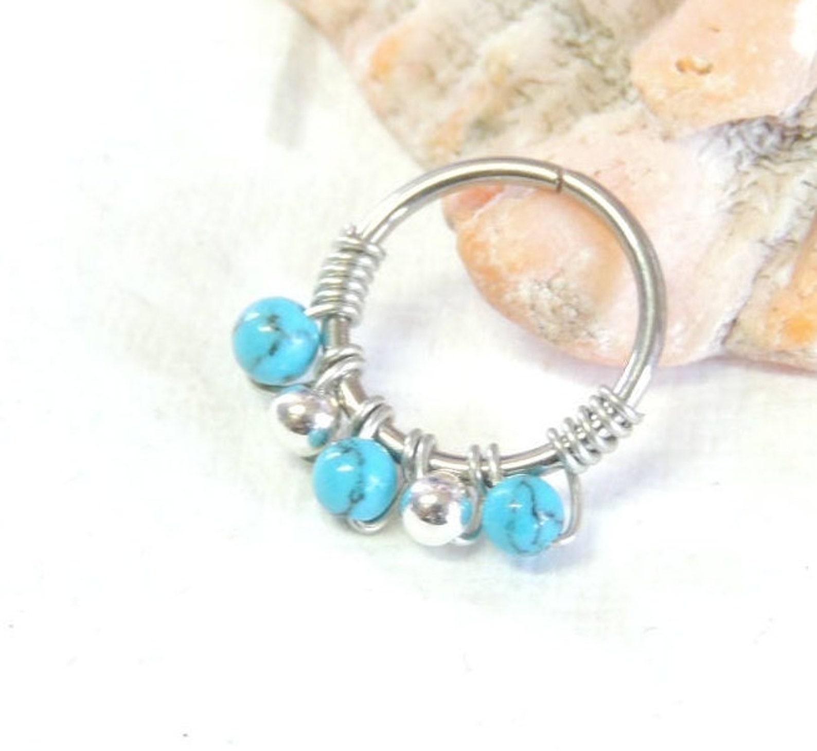 Turquoise Beaded Nose Ring Hoop, Wire Wrapped Cartilage Hoop Earring ...