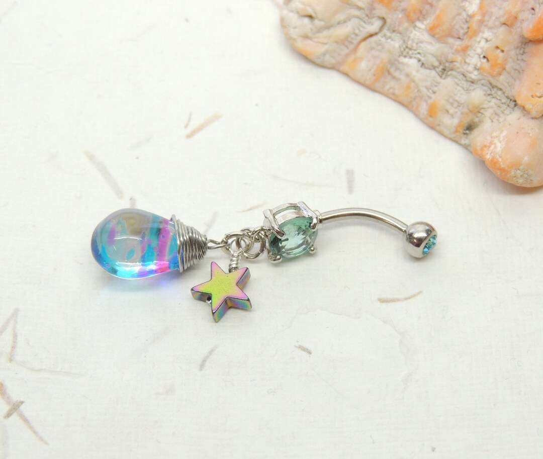 Wire Wrapped Teardrop Dangle Belly Ring With Rainbow Star, Belly Button ...