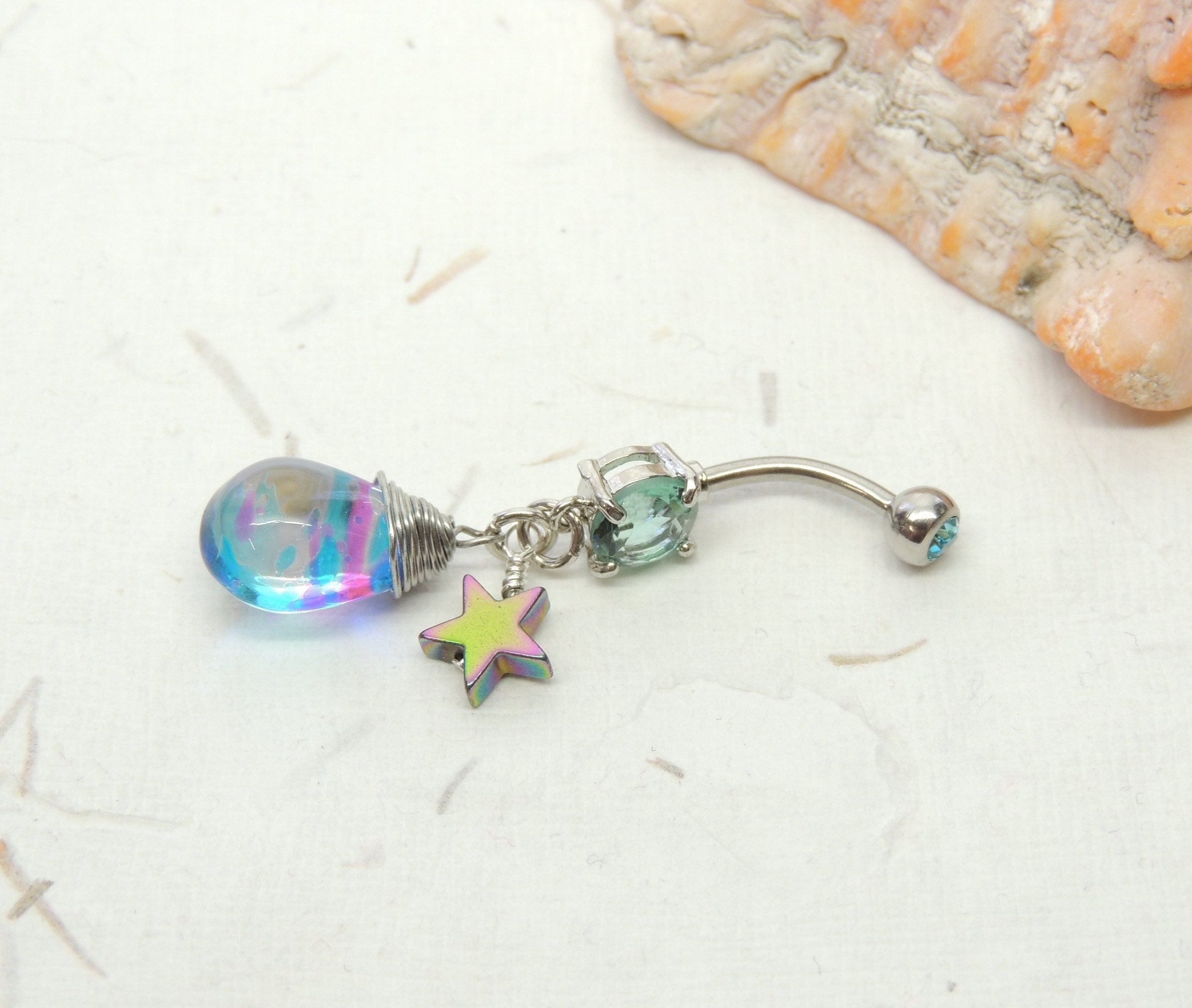 Wire Wrapped Teardrop Dangle Belly Ring with Rainbow Star | Etsy
