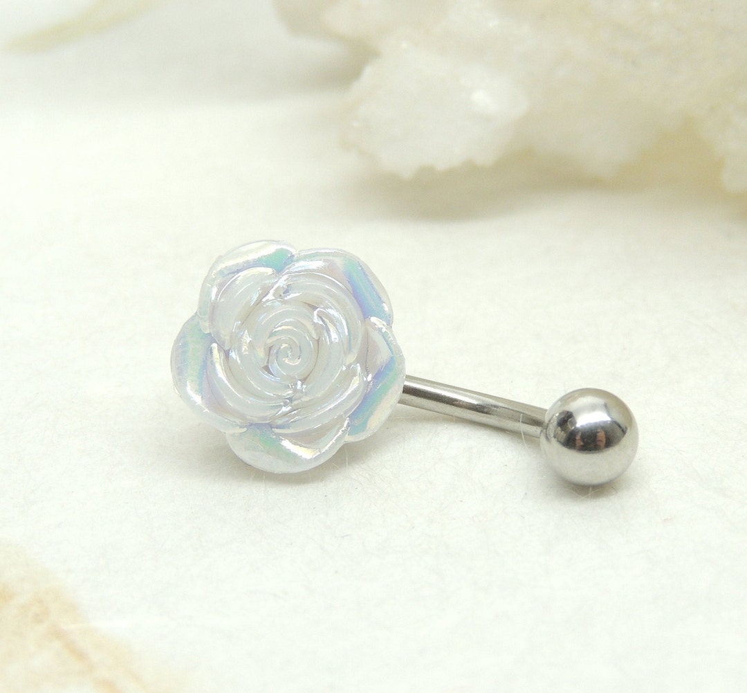 White Aurora Borealis Rose Belly Ring You Choose Color, Flower Belly ...