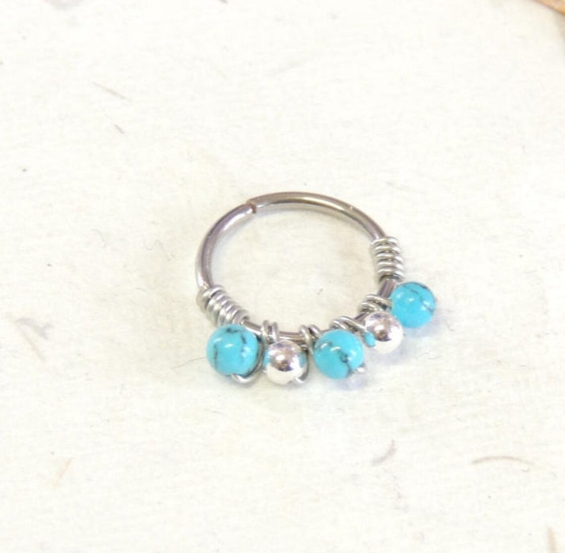 Turquoise Beaded Nose Ring Hoop, Wire Wrapped Cartilage Hoop Earring ...
