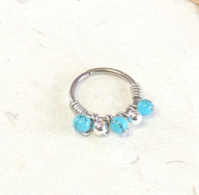 Turquoise Beaded Nose Ring Hoop, Wire Wrapped Cartilage Hoop Earring ...
